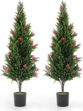 Primrue 5.25 Ft Set Of 2 Artificial Cedar Tree Topiary Faux Plants With ...
