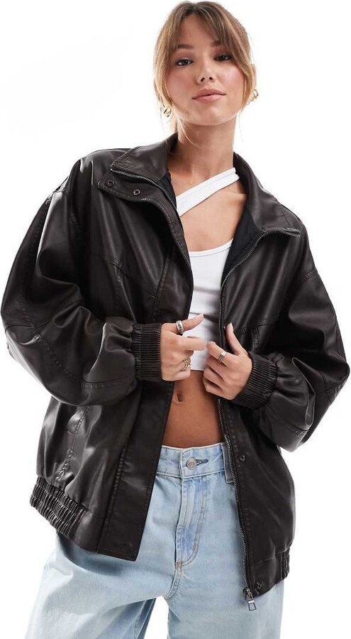 Bershka funnel neck oversized faux leather dad jacket in brown - ShopStyle
