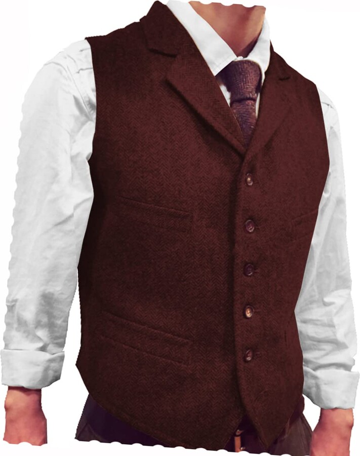 HSLS Mens Wool Suit's Vest Tweed Formal Dress Waistcoat Herringbone for ...