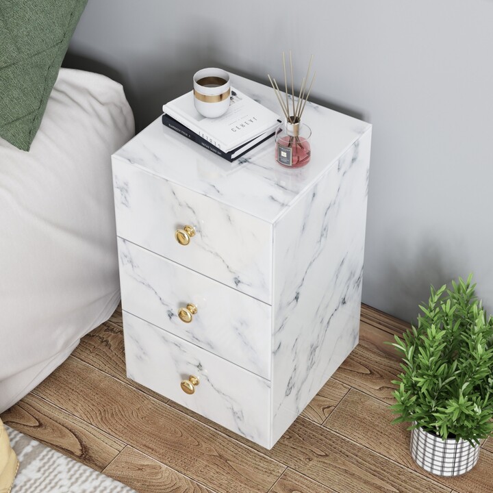Simplie Fun Glass Nightstand, Marble Nightstand with 3 Drawers, Side ...