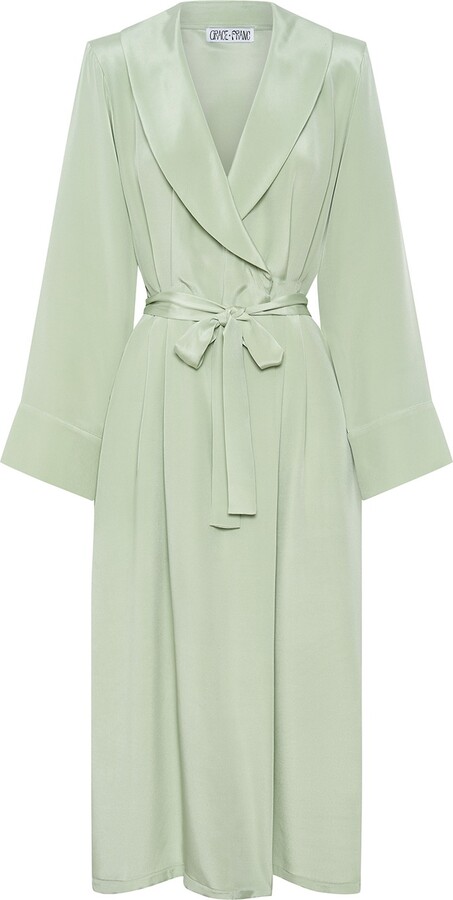 Grace Franc - Odette Mint Matte Silk Classic Robe With Shoulder Pads ...