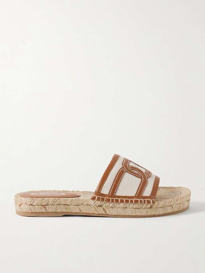 Tod's Leather And Cavas-trimmed Raffia Slides - White - ShopStyle