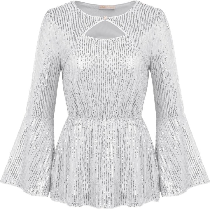 Belle Poque Women Glitter Sparkly T Shirt Long Sleeve Sequin Blouse ...
