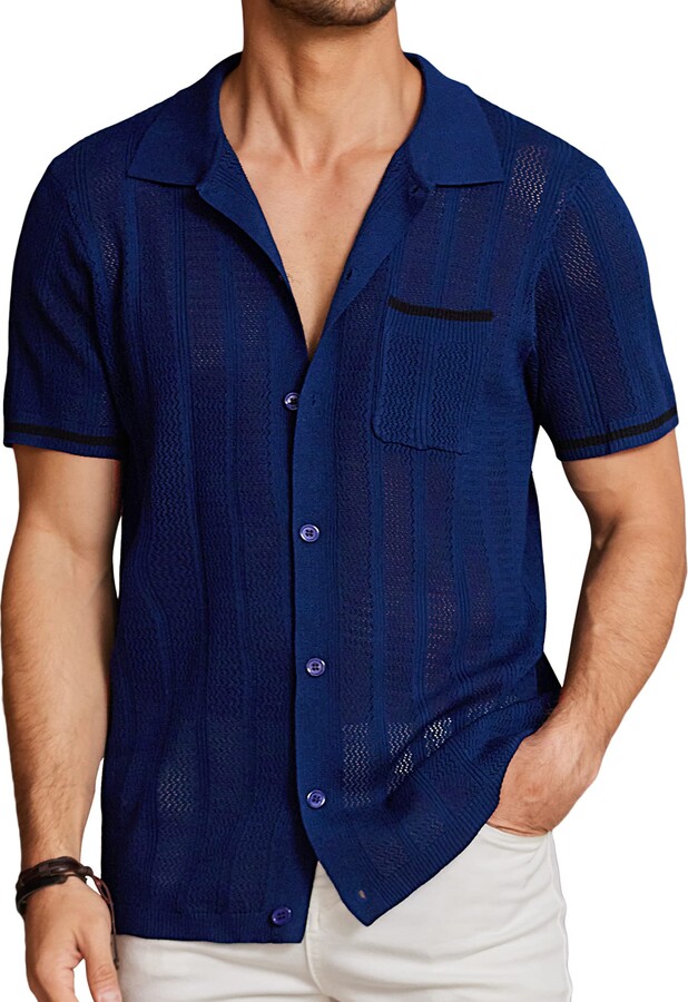COOFANDY Men's Knit Button Down Shirt 2025 Vintage Short Sleeve Polo Shirt Casual Beach Tops ...