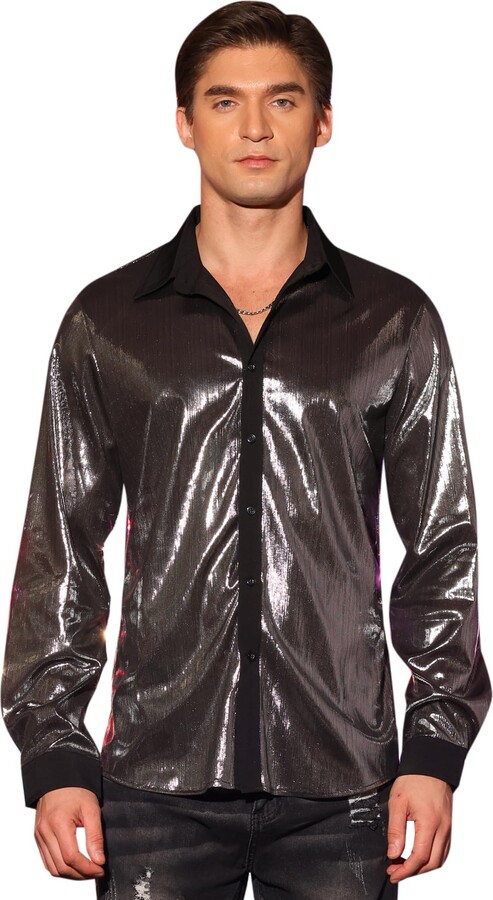 Lars Amadeus Shiny Metallic Shirt for Men's Long Sleeves Button Party ...