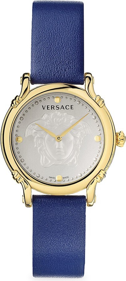 Versace Safety Pin 34MM Yellow Goldplated & Leather Strap Watch - ShopStyle