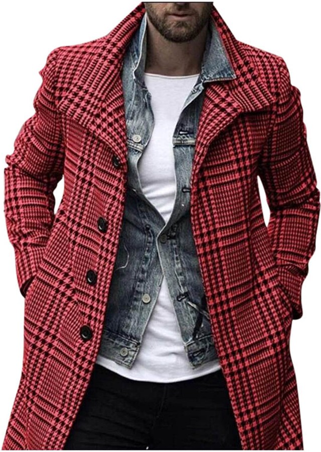 Cenlang Red And Black Plaid Jacket Men's Trench Coat Connor Balmacaan ...