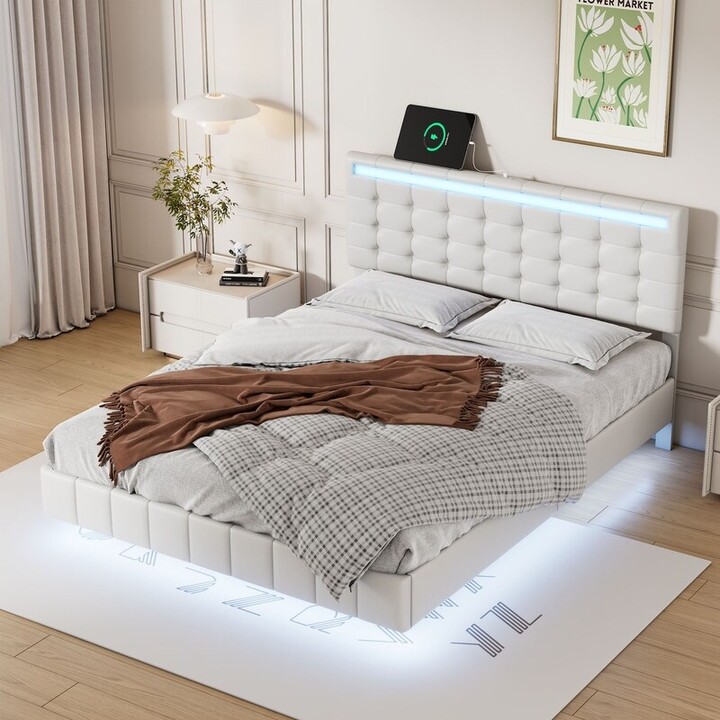 NOVABASA Full Size Floating Bed Frame with LED Lights and USB Charging ...