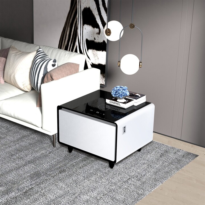 BESTCOSTY Modern Smart Side Table with Built-in Fridge, Wireless ...