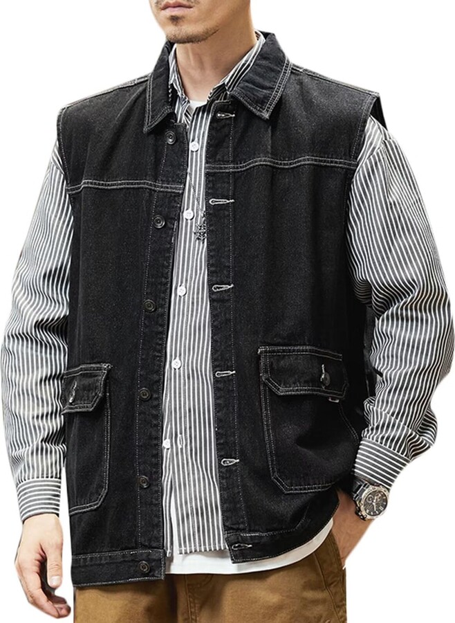 Rivccku Men's Denim Vest Motorcycle Gilet Biker Jacket Sleeveless Jean ...