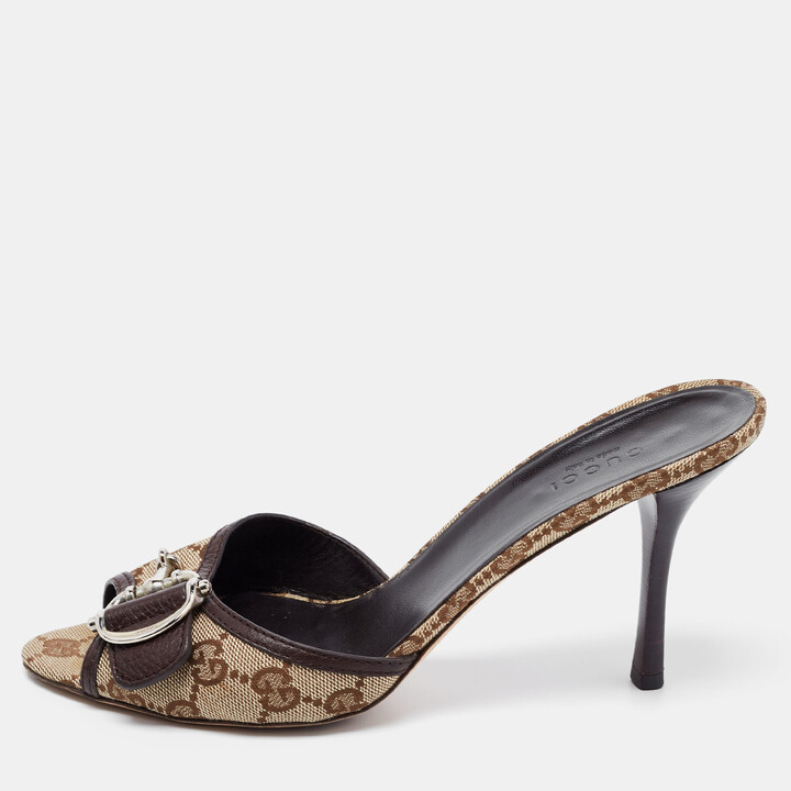 Gucci Beige GG Canvas and Leather Horsebit Mule Sandals Size 39 - ShopStyle