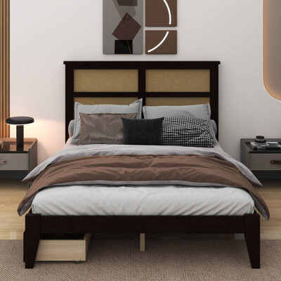 Dakota Fields Bed With Rattan Headboard, Two Storage Drawers, Rubber Wood Bed With Enhanced ...