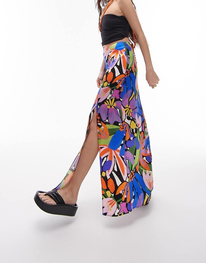 Topshop printed double split maxi skirt in multi - ShopStyle