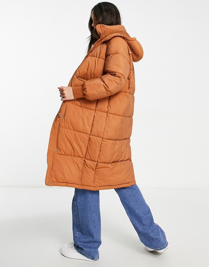 Urban Code Tall Urbancode Tall longline hooded puffer jacket in toffee brown - ShopStyle