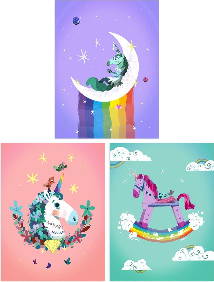 Wee Blue Coo Pack of 3 Kids Girl Bedroom Magical Unicorns and Rainbows ...