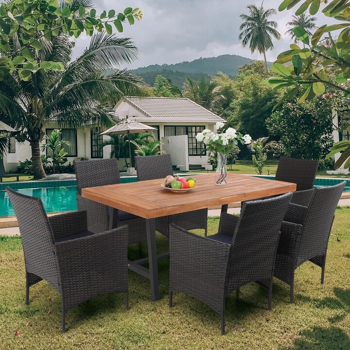 Cocam 7-Piece Patio Dining Set Acacia Wood/Rattan 6 Person Outdoor ...