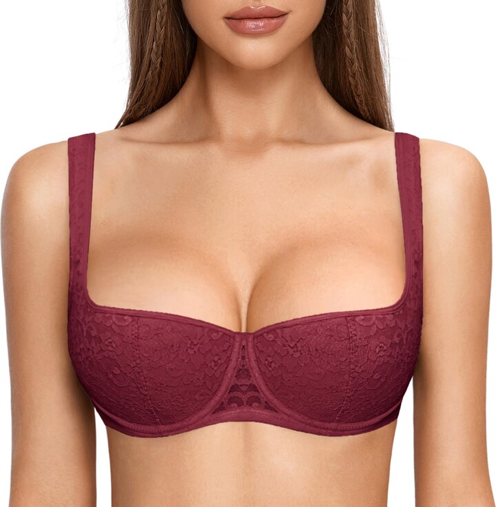 DOBREVA Women's Push Up Bra Sexy Balconette Bra Padded Half Cup Lace Underwired Dark red 38E ...