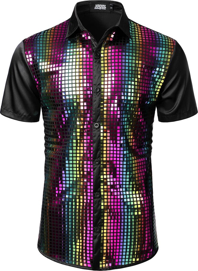 JOGAL Mens Dress Shirt Silver Sequins Short Sleeve Button Down 70s Disco Shirt Party Costume ...