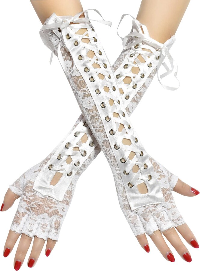 COSFAN Women Lace Up Gloves Long Elbow Fingerless Glove Cross Bandage ...