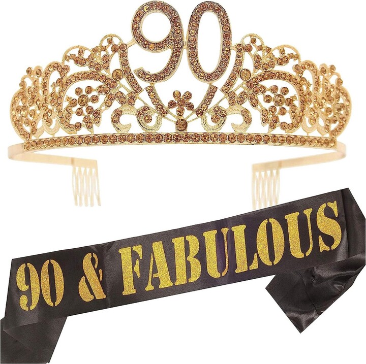 Meant2tobe 90th Birthday Sash and Tiara for Women - Fabulous Glitter Sash + Flowers Rhinestone ...