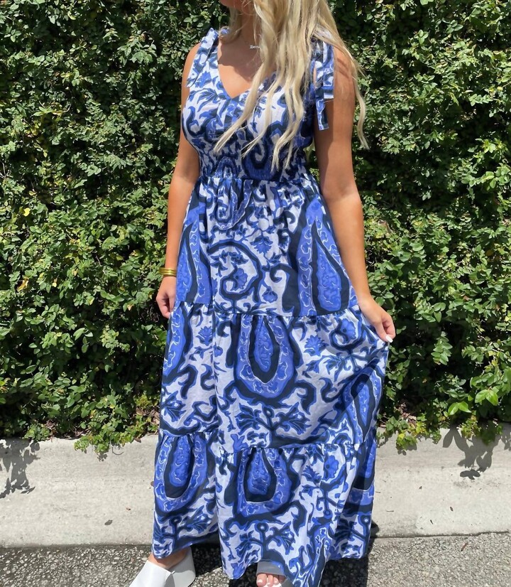 La Plage Beaufort Tie Top Maxi Dress in Over Ikat White/Navy - ShopStyle