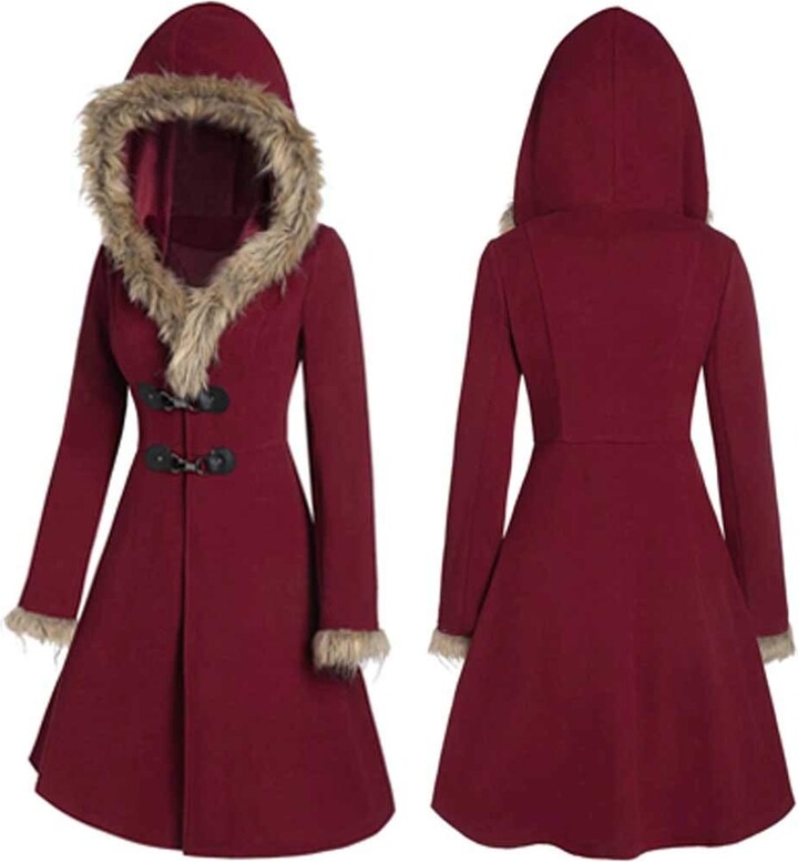 LOPILY Women's Winter Hooded Coats Faux Fur Collar Cloak with Hood ...