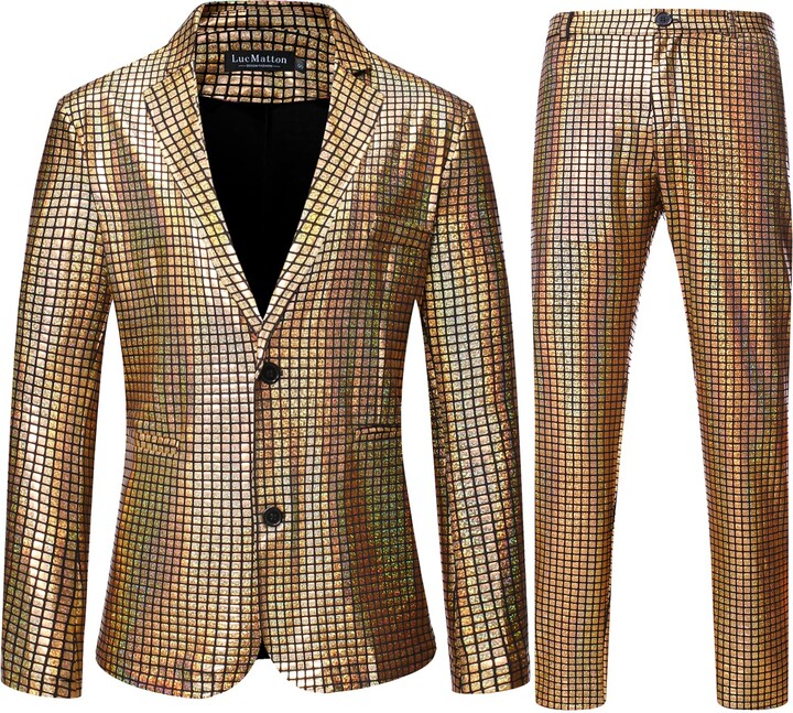 LucMatton Men's 2 Piece 70s Disco Outfits Metallic Bright Sequin Suits ...