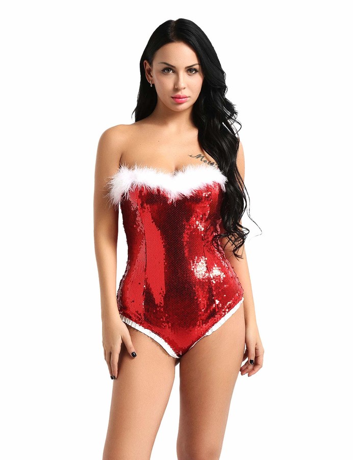 Freebily Womens Sequins Mrs Santa Claus Overbust Bustier Corset Top