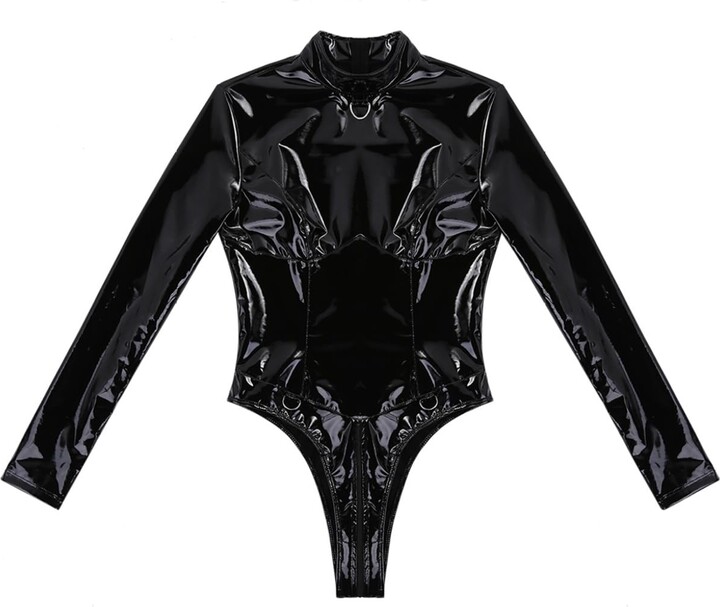 Nimiya Sexy Womens Wetlook Patent Leather Turtle Neck Zipper Crotch