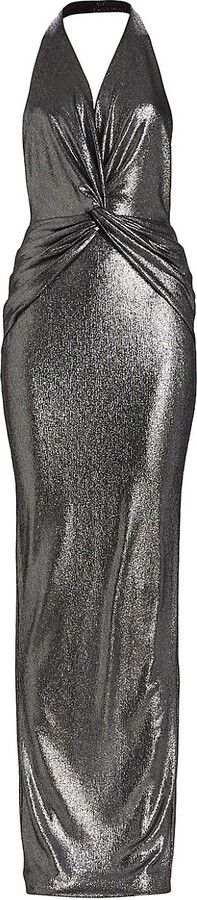 Michael Costello Collection Stella Metallic Knit Twisted Halter Gown ...