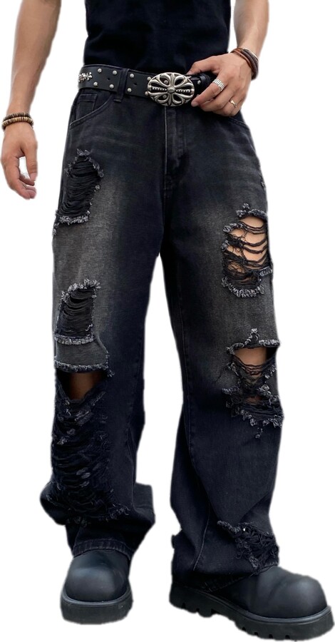 Zewool Mens Hip Hop Ripped Baggy Jeans Destroyed Distressed Jeans Wide ...
