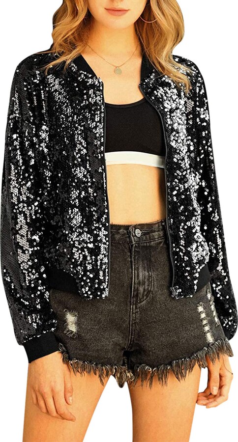 Acrawnni Women Y2K Sequin Jacket Glitter Long Sleeve Front Zip Sequin ...