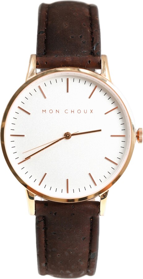 MON CHOUX - Classic White Rose Gold Watch In Brown Cork Leather - ShopStyle