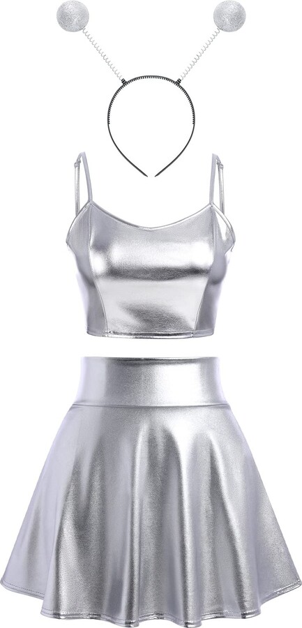 Odizli Alien Costume Women's Sexy Metallic Glitter Crop Top + Mini ...