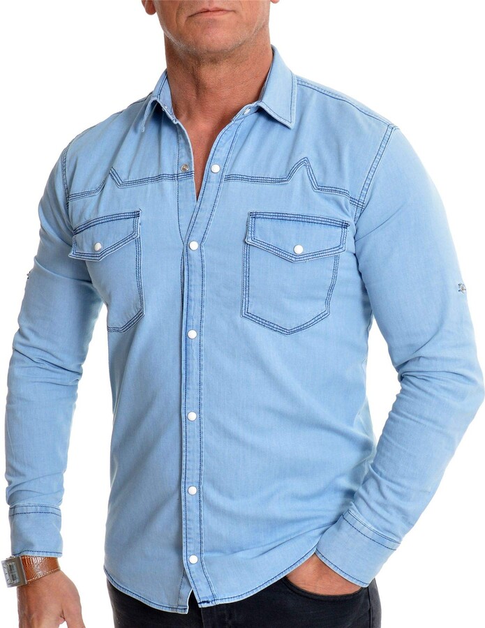 D&R Fashion Men's Light Blue Denim Jean Shirt Regular Collar Pearl ...