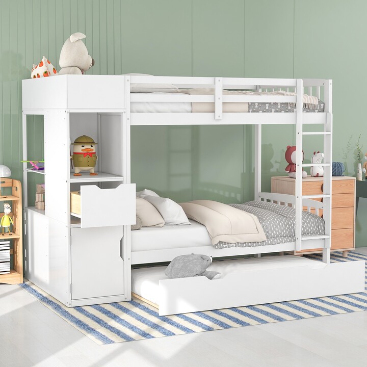 Sunmory Twin Size Bunk Bed with Trundle and Attached Multifunctional ...