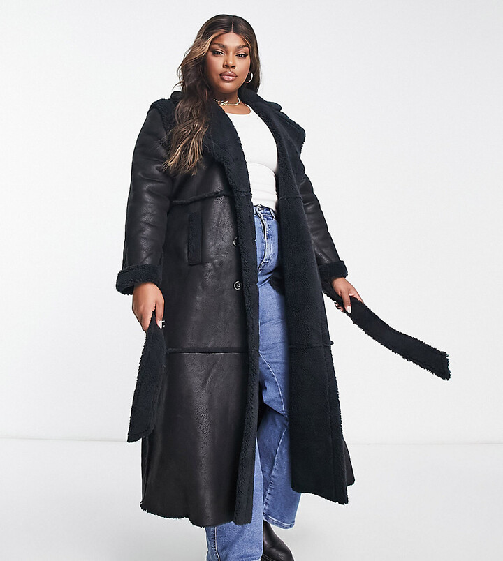 QED London Plus suedette belted longline coat with borg trims in black - ShopStyle Petite Outerwear