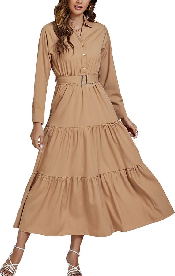 LYANER Women's Collar Botton Front Belt Long Sleeve Ruched A-line Swing ...