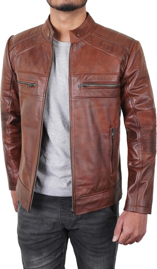 STOREJEES Men Leather Jacket - Cafe Racer Lambskin Leather Jacket Men ...