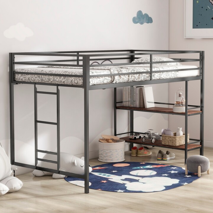 Simplie Fun Adam junior twin loft bunk black with Cinnamon wood shelf ...