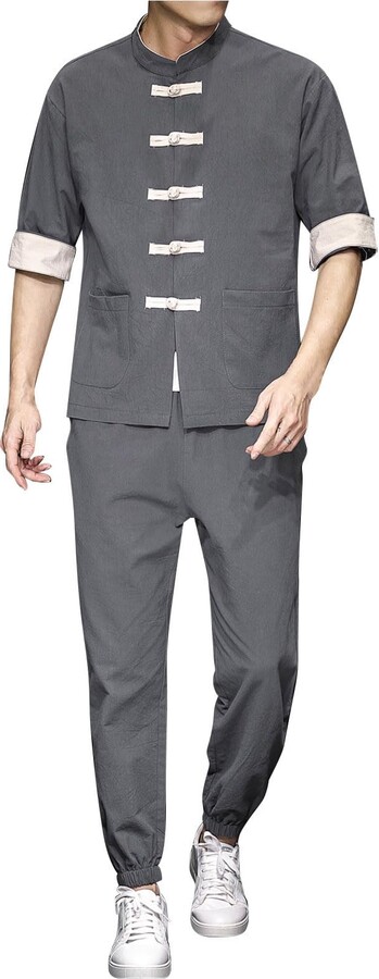 Duohropke Chinese Tang Suit Men's Plain Large Sizes Set Vintage 3/4 ...