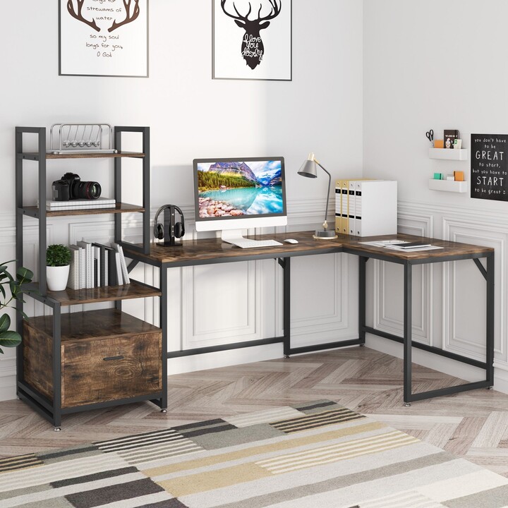 Lee Furniture L-Shaped Computer Desk with Drawers and Storage Shelves ...