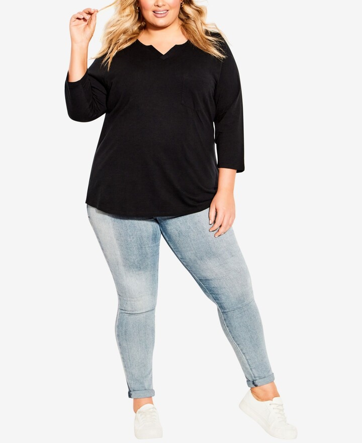 Avenue Plus Size Notch Neck 3/4 Sleeve Plain T-shirt - ShopStyle Tops