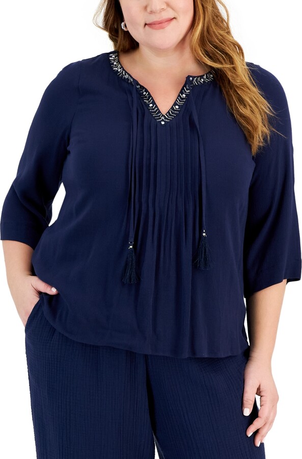 JM Collection Plus Size Beaded-Neck Gauze Top, Created for Macy's ...