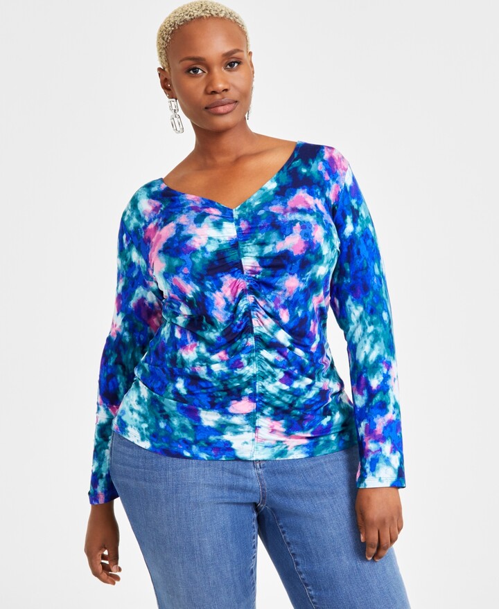 INC International Concepts Plus Size Ruched Tie-Dyed Top, Exclusively ...