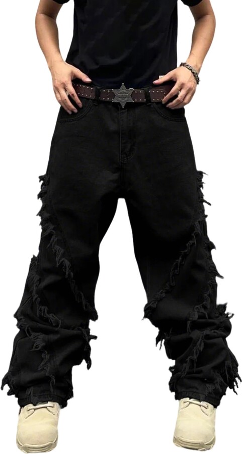 DFGIGT Mens Baggy Jeans Fringe Frayed Edges Jeans Patchwork Wide Leg ...