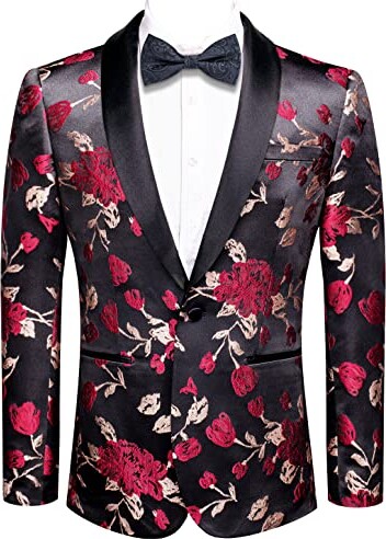 Hi-Tie Men's Stylish Black Red Floral Blazer Slim Fit Tuxedo Suit ...