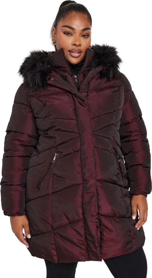 Yours Curve Burgundy Faux Fur Trim Puffer Coat - Women's - Plus Size Curve - ShopStyle