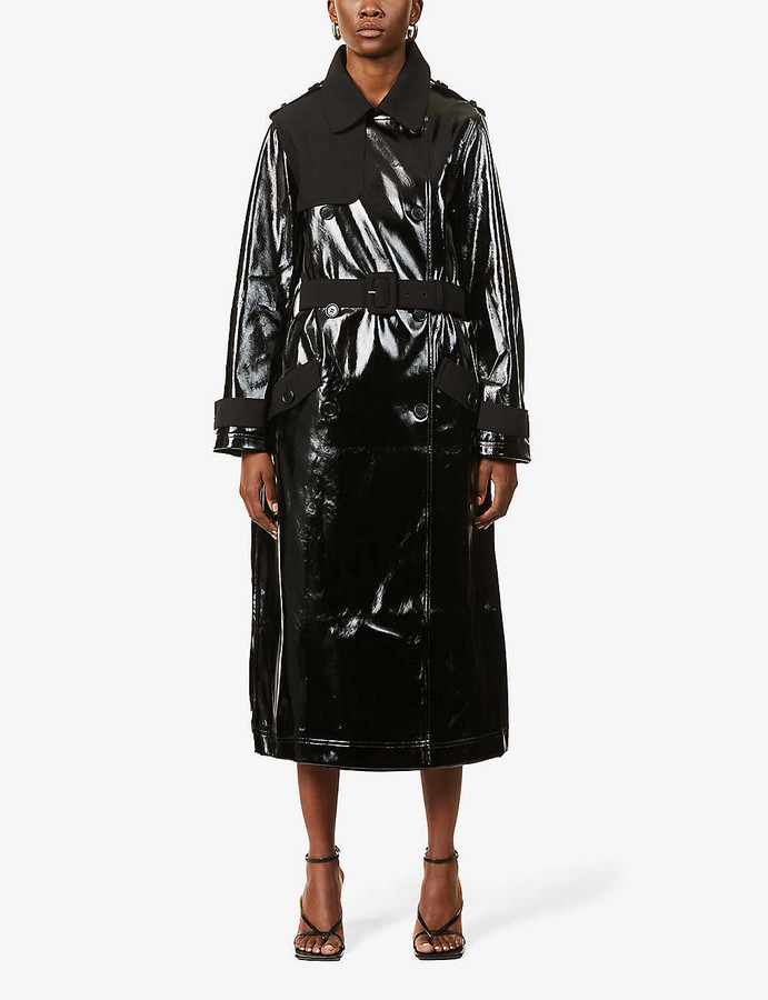 Self-Portrait Contrast-collar faux-leather trench coat - ShopStyle