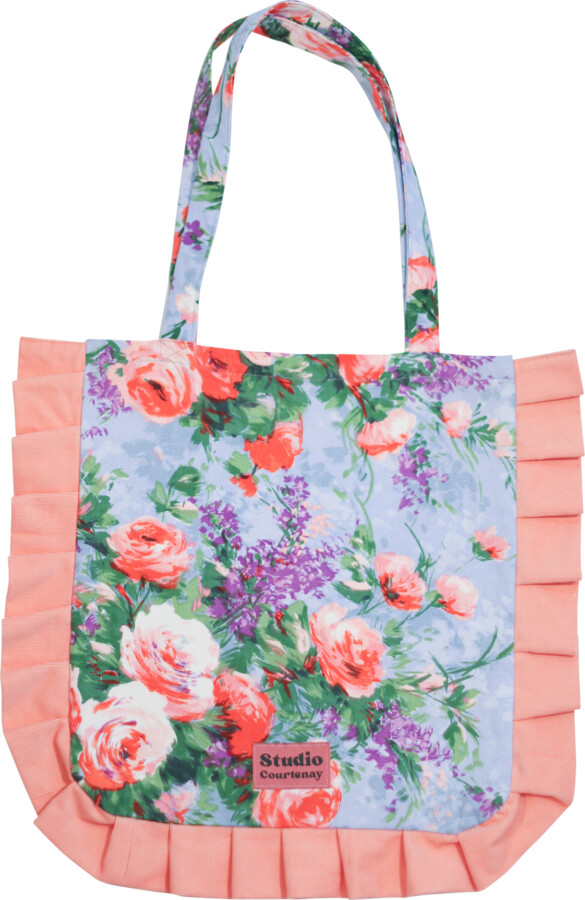 Studio Courtenay Baby Blue & Coral Pink Floral Print Beige Tote Bag ...